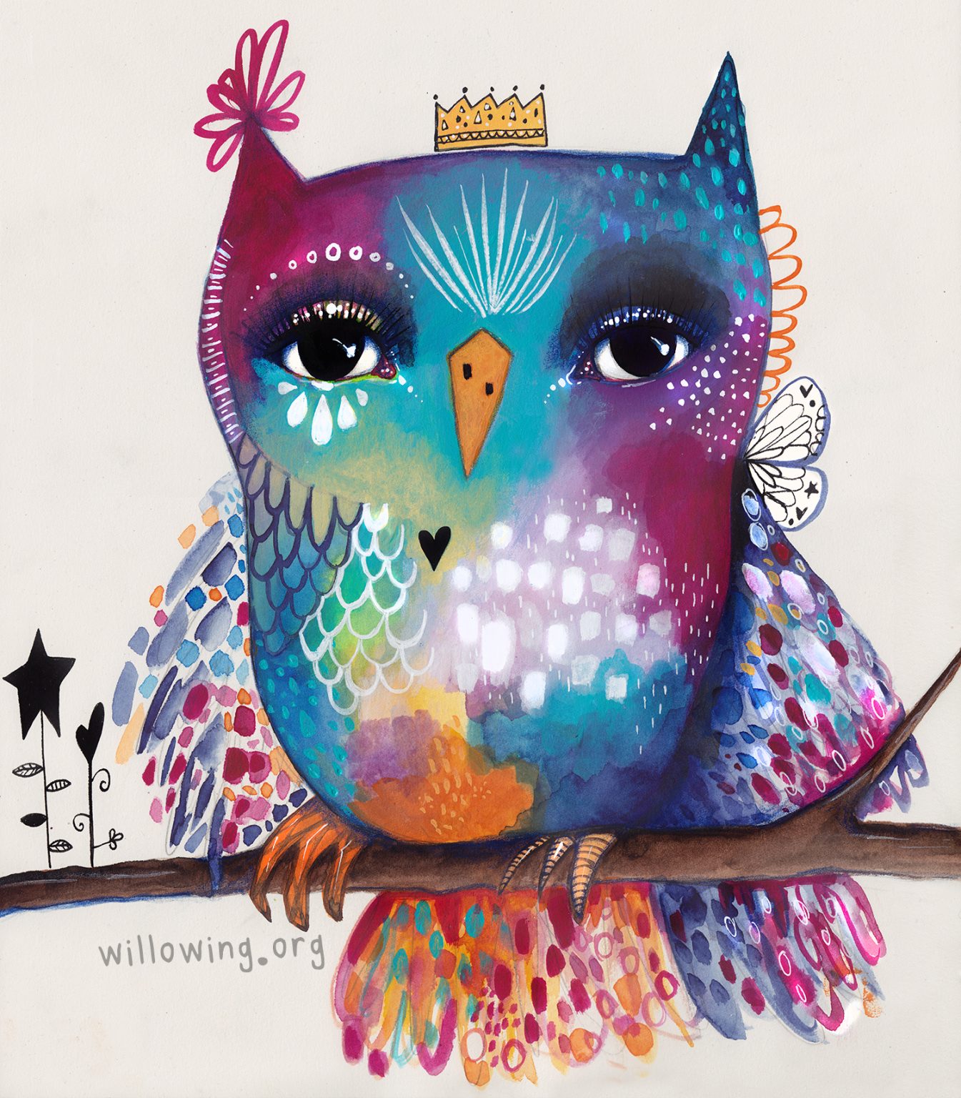 Quirky Bird on Branch - Original Painting - Willowing Arts